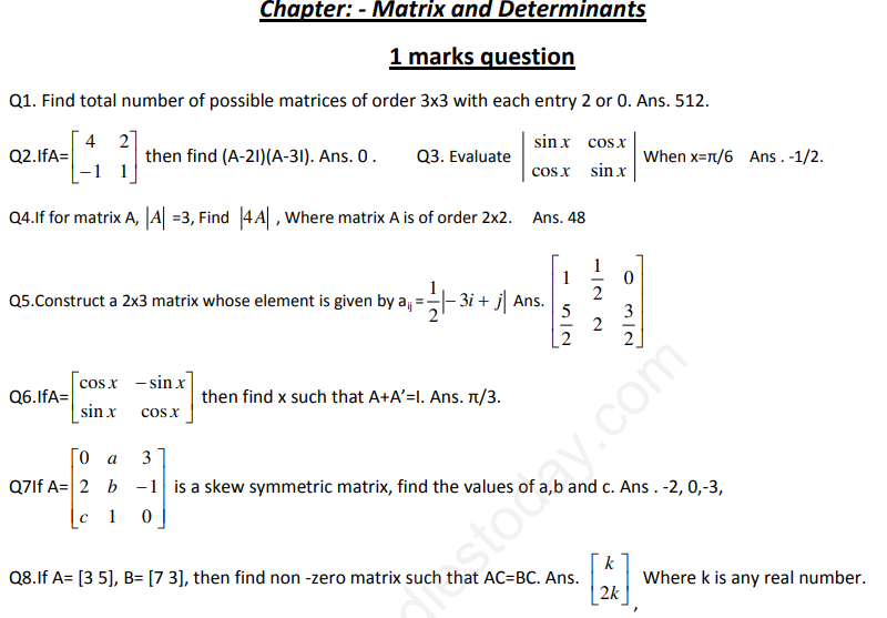 CBSE Class 12 Mathematics Matrices and Determinants Assignment Set B CBSE Class 12 Mathematics Matrices and Determinants Assignment Set B